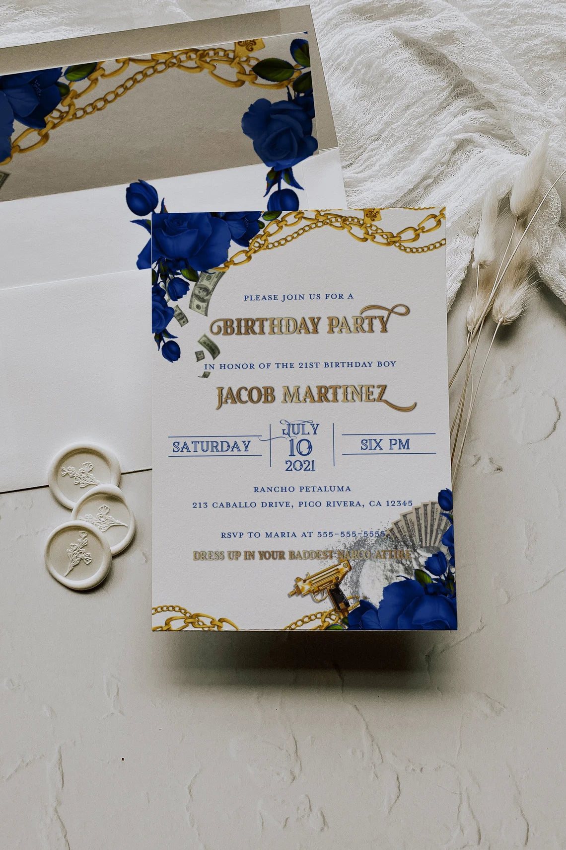 Mens Gangster Birthday Invitation - Narco Birthday Invitation - Blue a ...