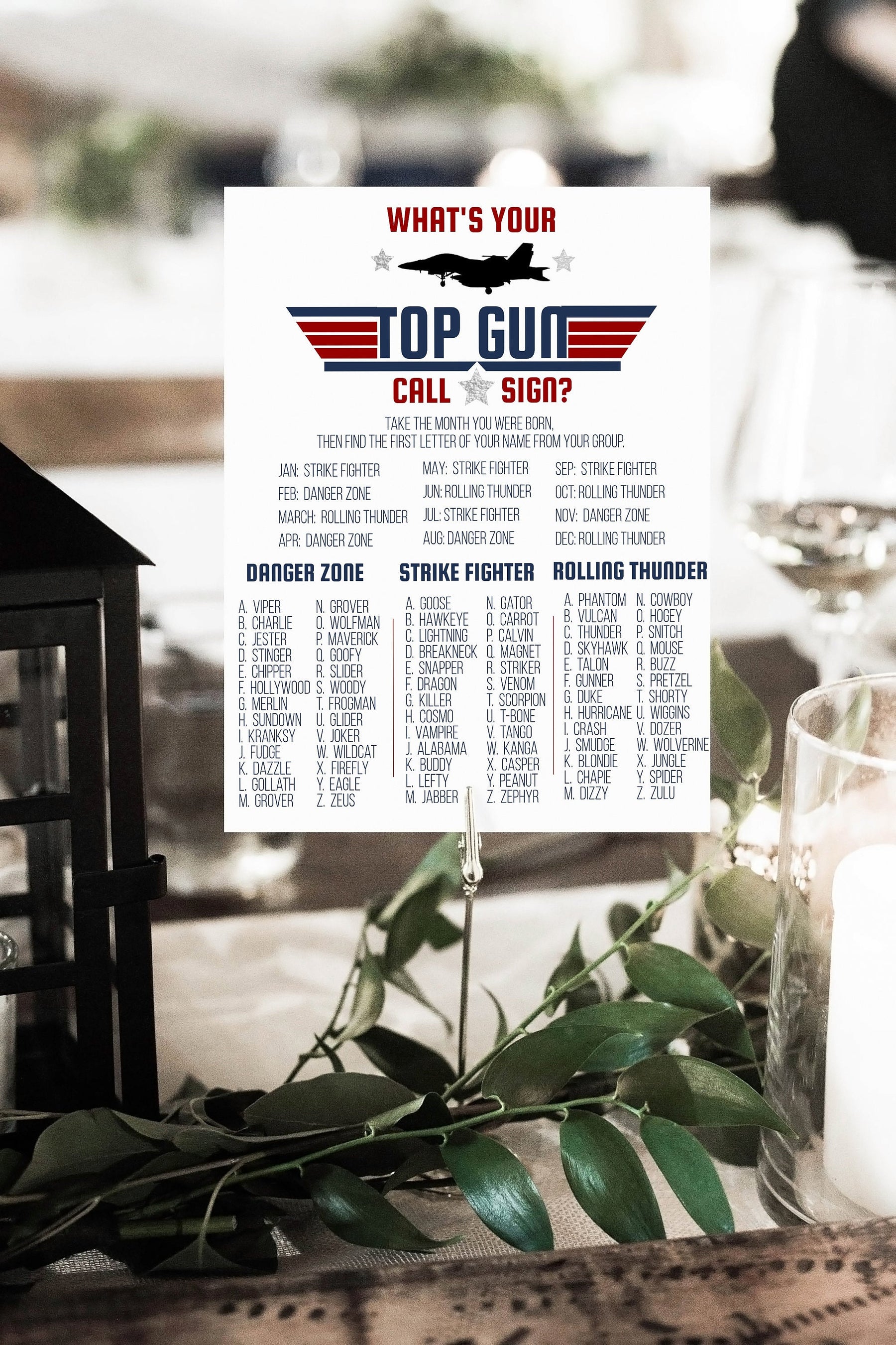 Top Gun Birthday Party Game - Whats Your Top Gun Call Sign Game - Figh ...
